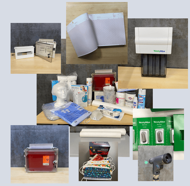 Medical Supplies: Exam Table Paper, Gloves, Bulbs, Dispensers, Charts